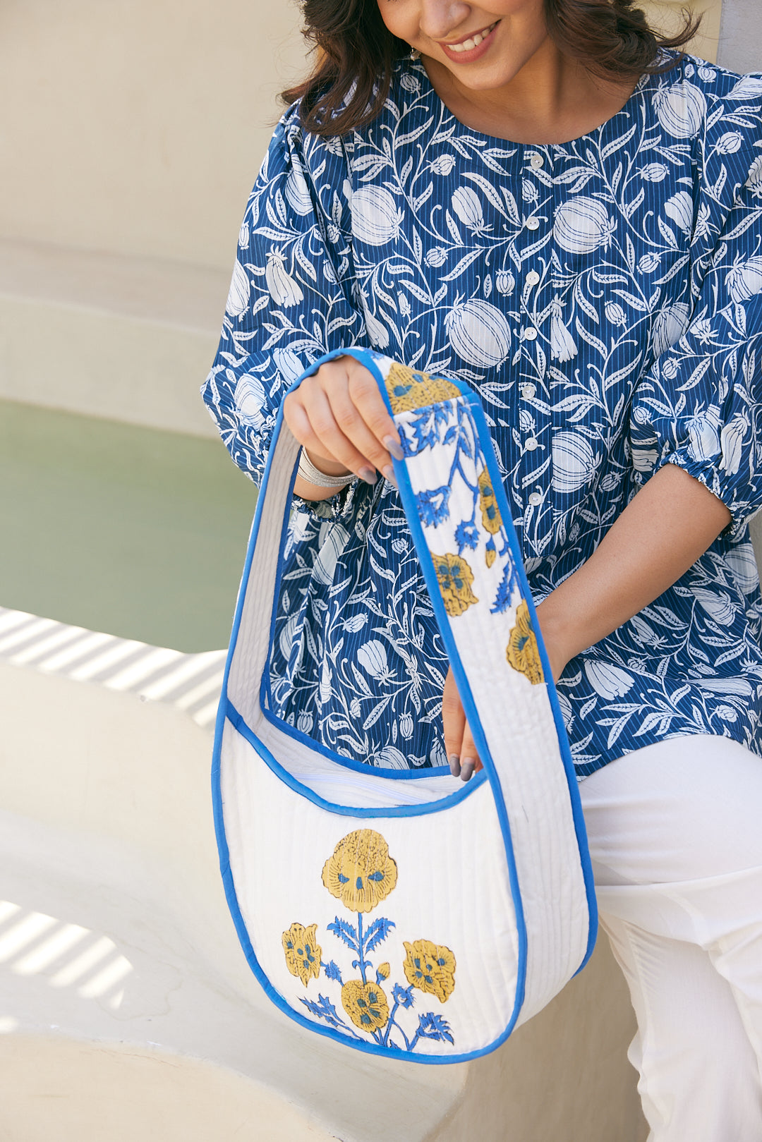 Cotton Orange-Blue Floral Boota Shoulder Bag