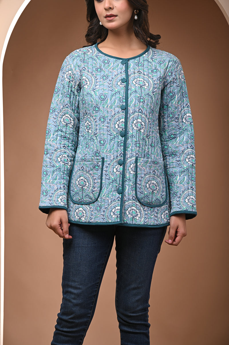 Cotton columbia blue sun flower quilted womens full sleves jacket ...