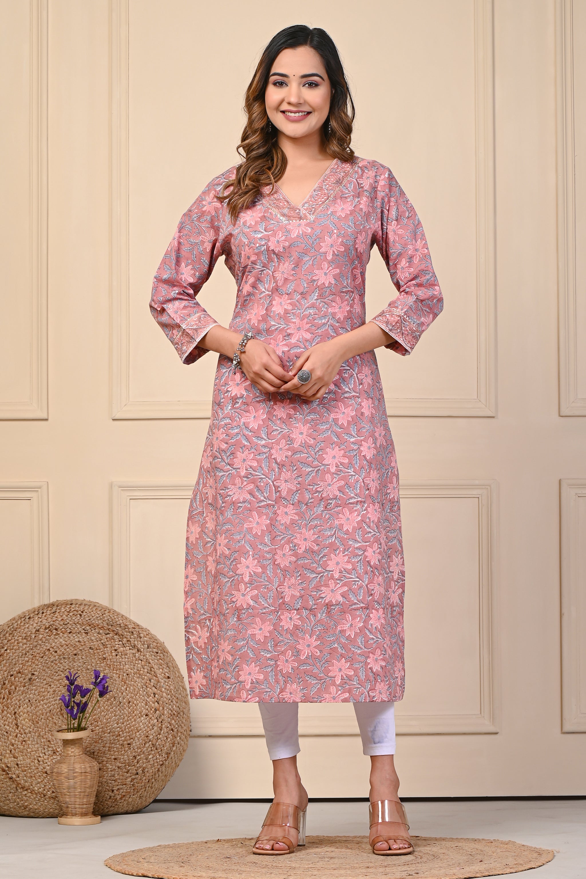 Cotton Ray Umber Floral Block Print Straight Kurti