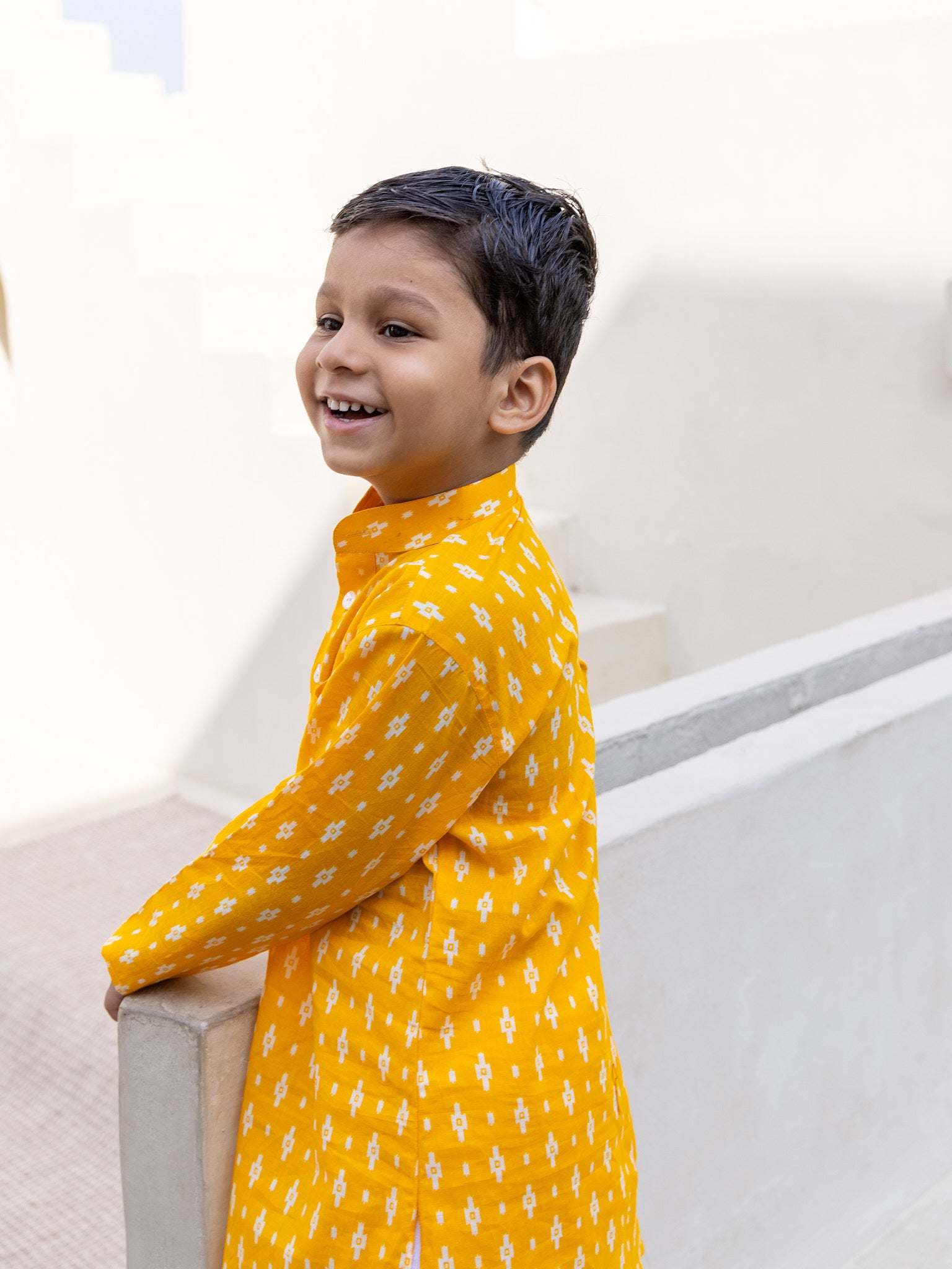 Cotton Yellow-White Geometric Boy Kurta Pent