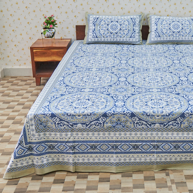 Cotton Flower Bel Print Blue Silver Queen Size Bedsheet