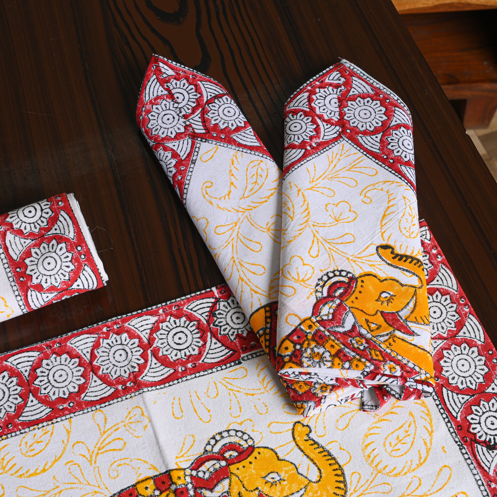 Canvas Table Mat And Napkin Mustard-Red Elephant Block Print Set of Tw