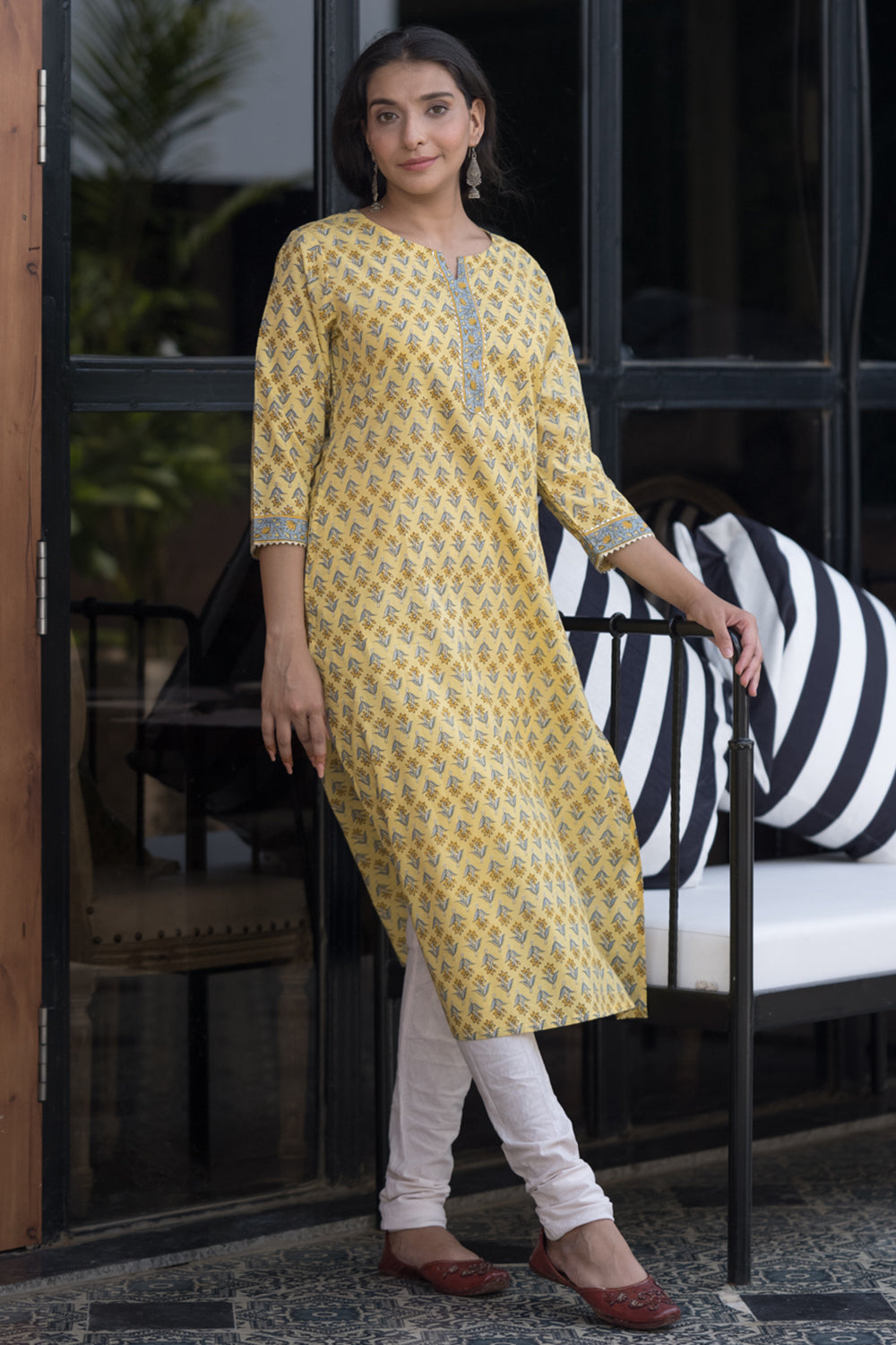 Yellow Buti Cotton Straight Kurti