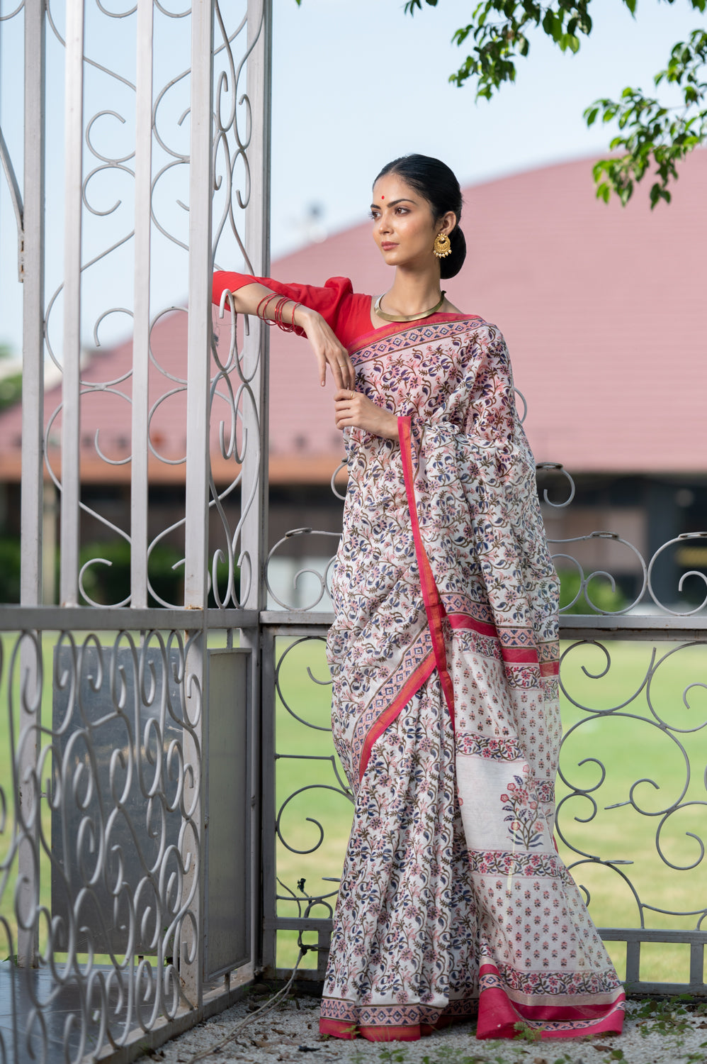 Peach-Blue Jaali Printed Chanderi Saree